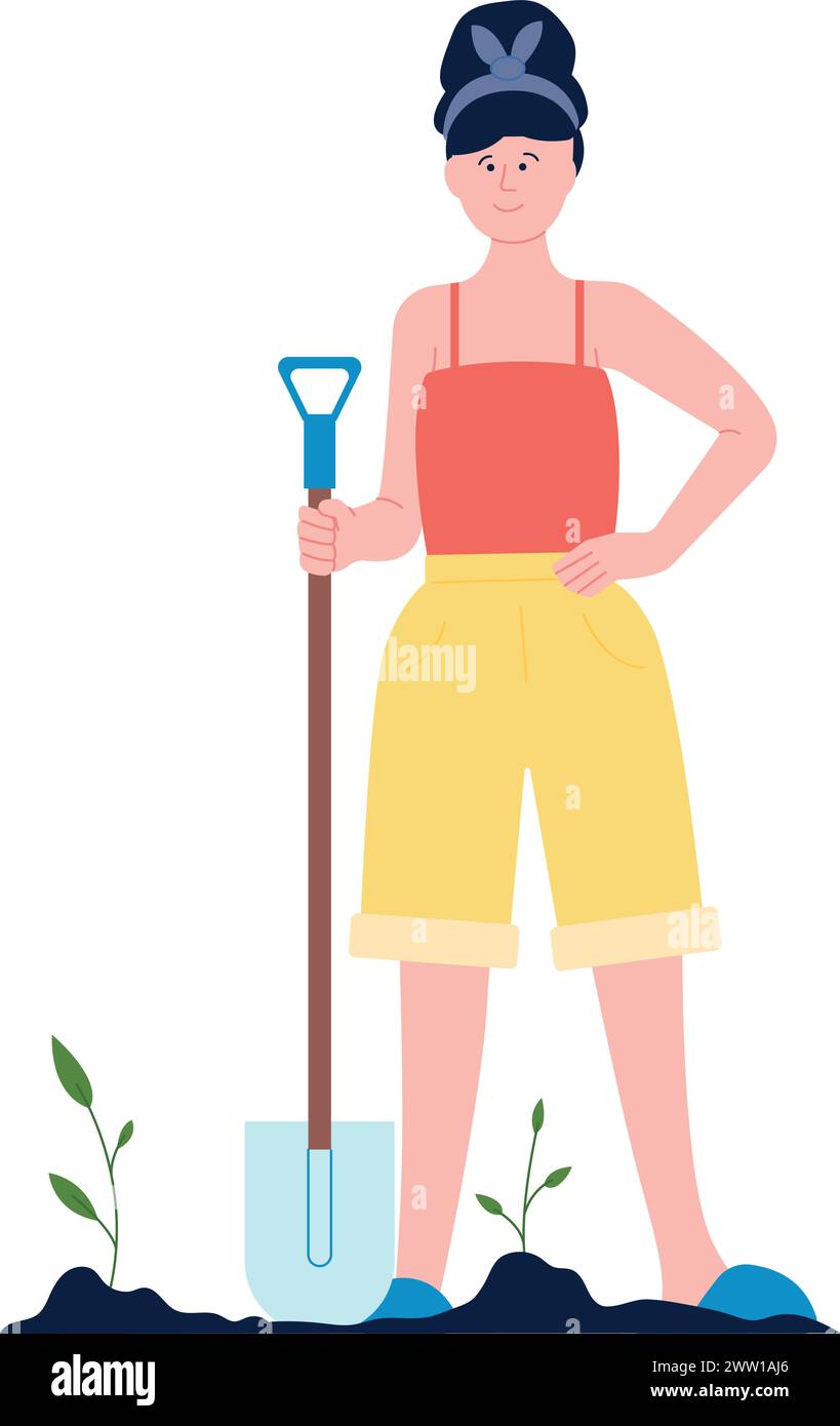 Happy woman with shovel planting seedlings in ground. Gardening ...