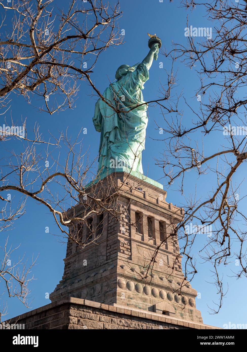 Rear view of the Statue of Liberty and its basement in New York Stock ...