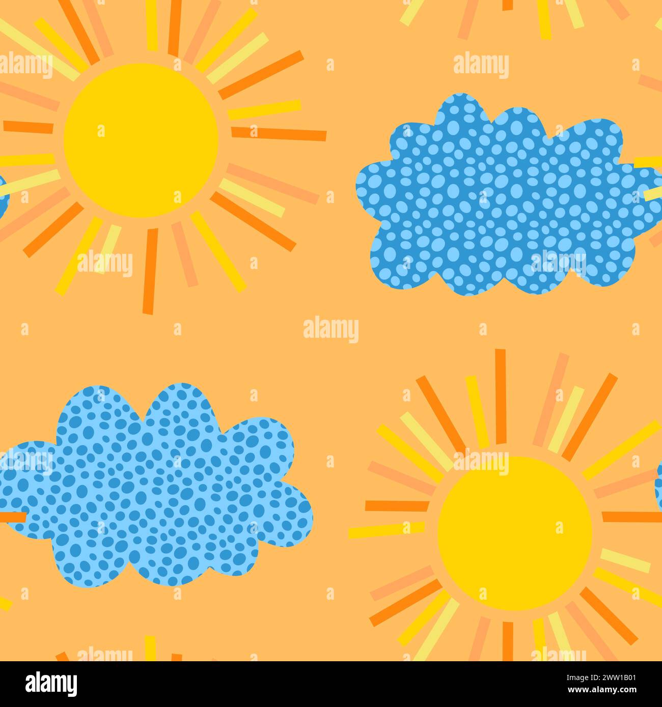 Summer cartoon weather seamless sun and clouds pattern for wrapping ...