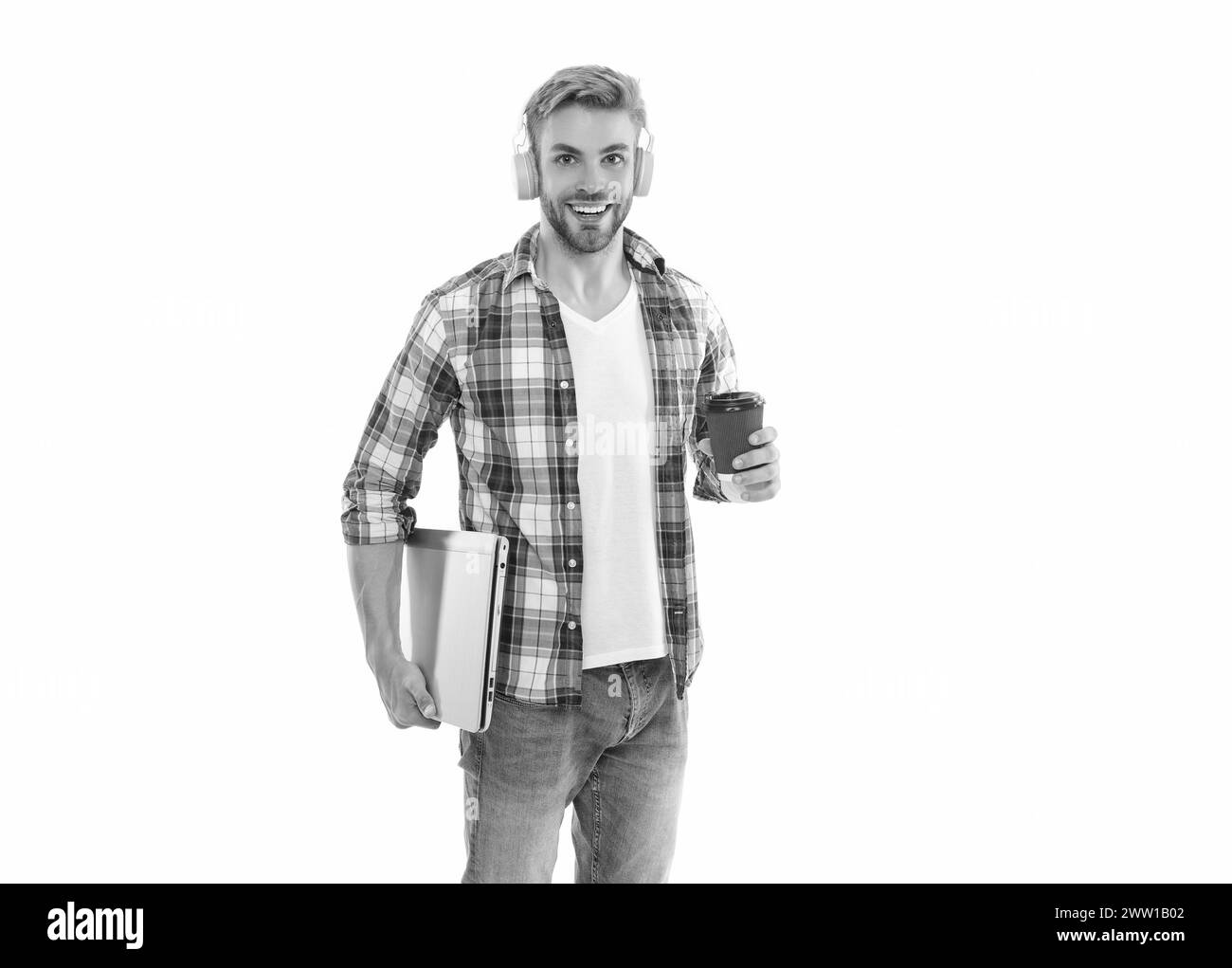 millennial man student hold coffee isolated on white. millennial man ...