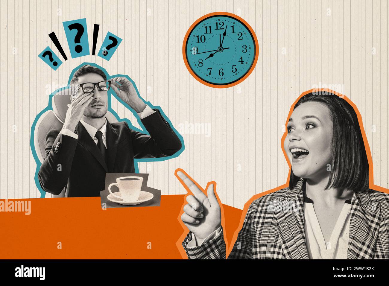 Collage picture artwork of smiling office workers working early morning ...