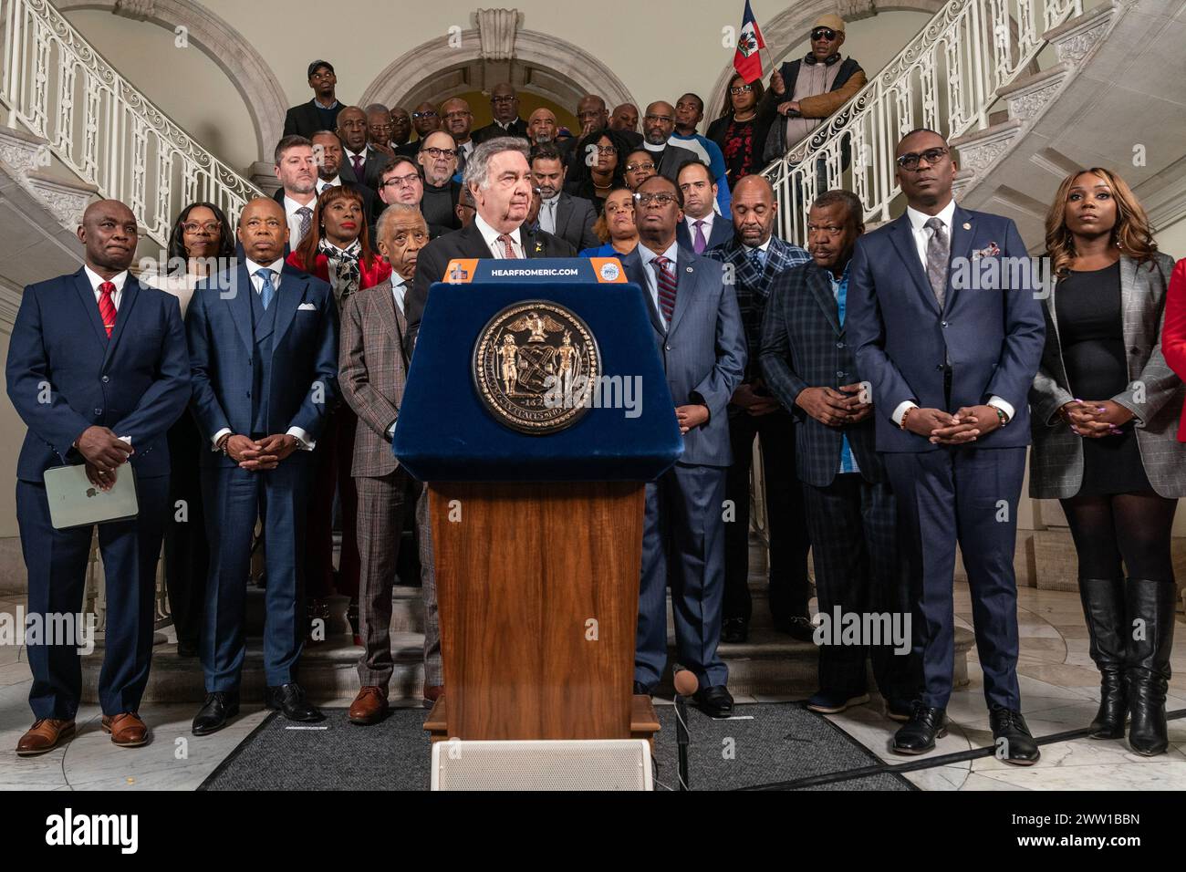 Rabbi Joseph Potasnik speaks during rally in support of Haiti at City ...