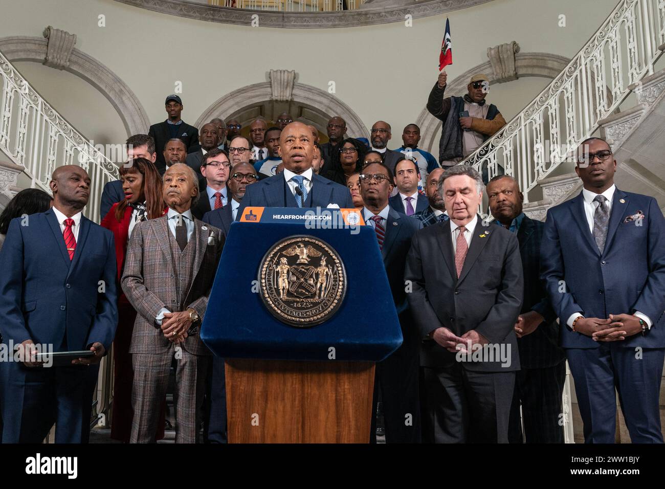 Mayor Eric Adams speaks during rally in support of Haiti at City Hall ...