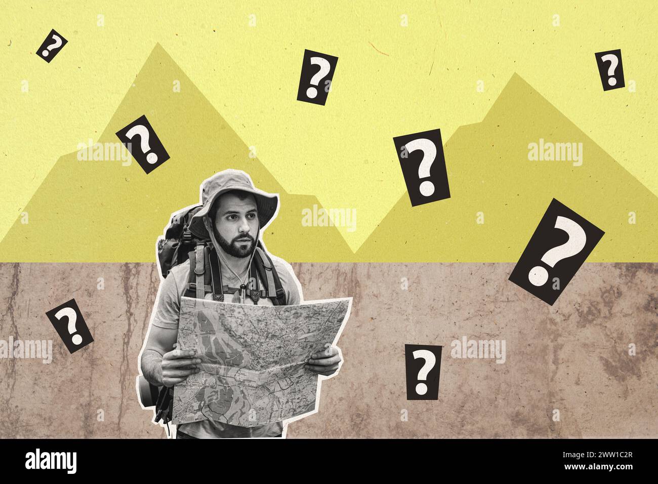 Creative collage illustration young man traveler lost way hold paper ...