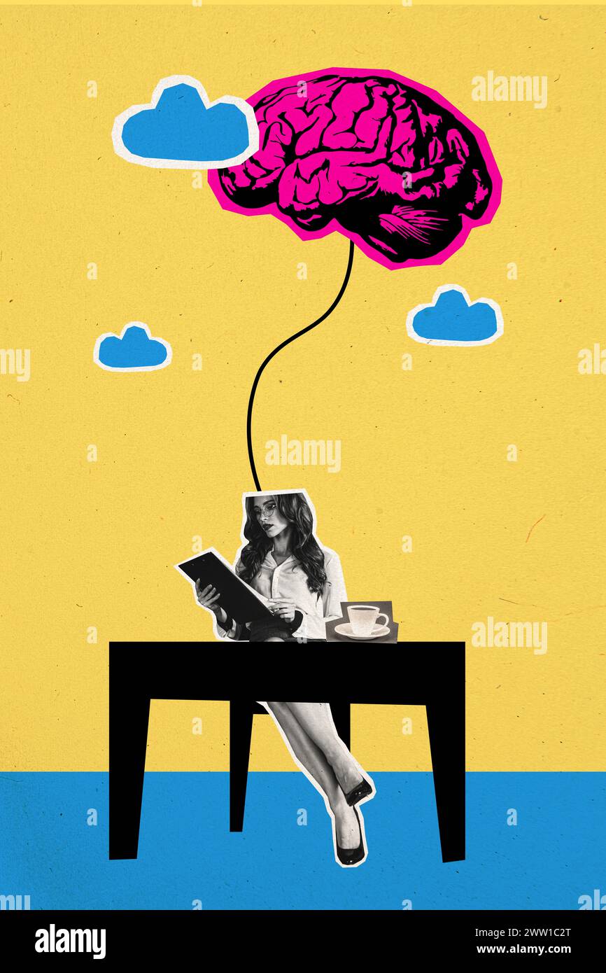 Vertical collage sitting charming businesswoman office table cup coffee ...