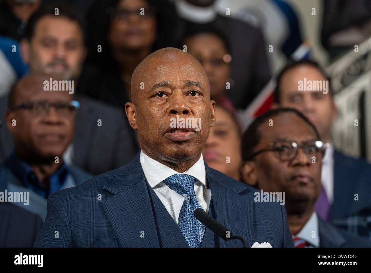 New York, USA. 20th Mar, 2024. Mayor Eric Adams speaks during rally in ...