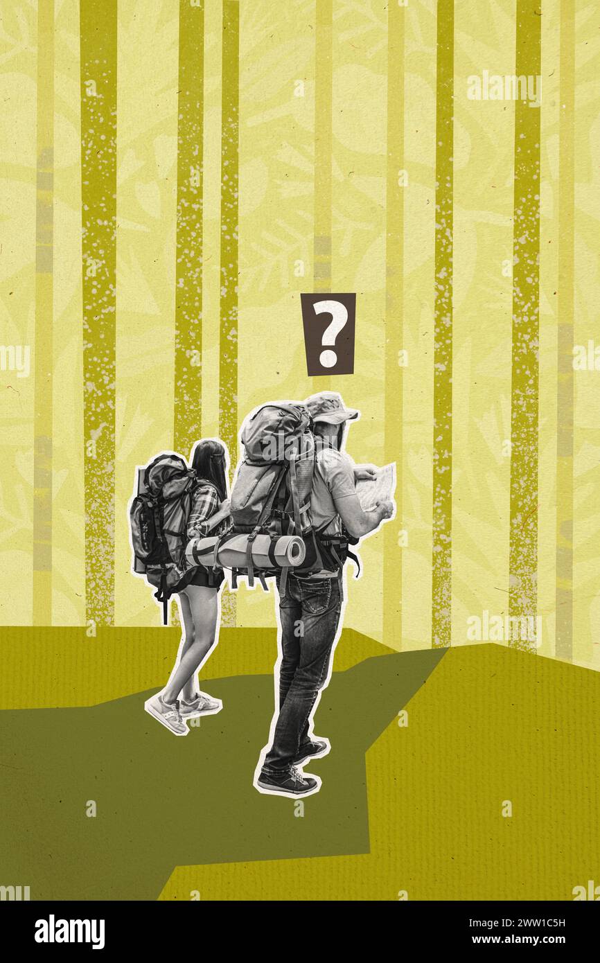 Vertical creative collage poster two expediters lost route way question ...