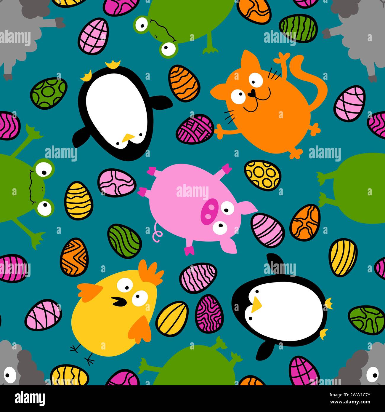 Easter animals and eggs seamless penguin and cats and frogs and chicken ...