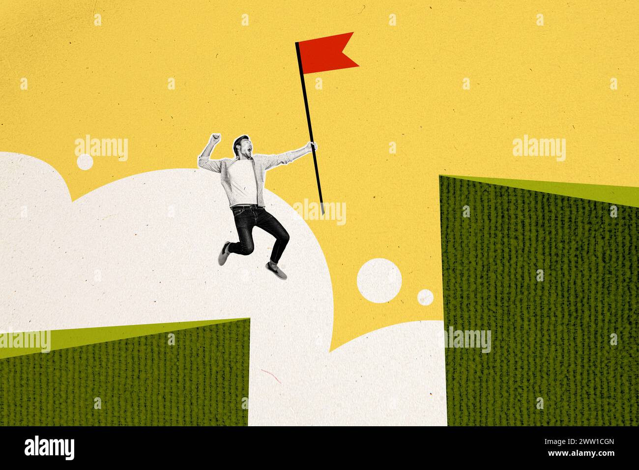 Creative collage picture young ambitious man carry red flag overcome ...