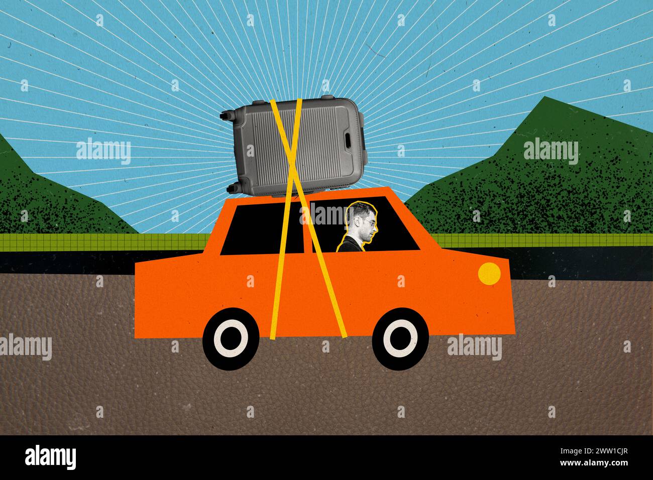 Collage image picture of young guy driving car going summer vacation ...