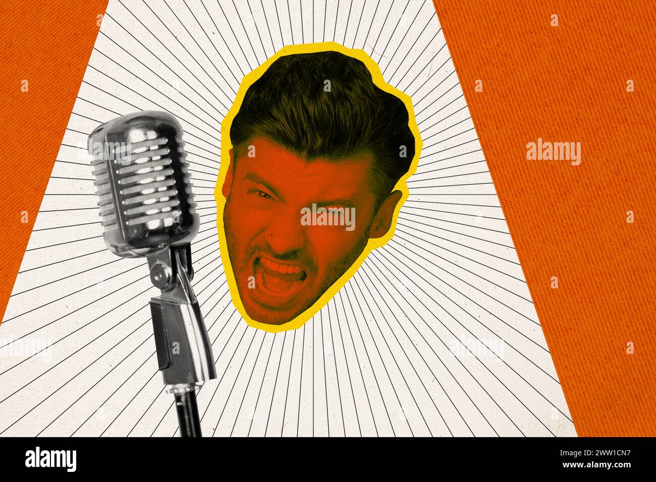 Creative collage picture screaming mad outraged man head body fragment ...