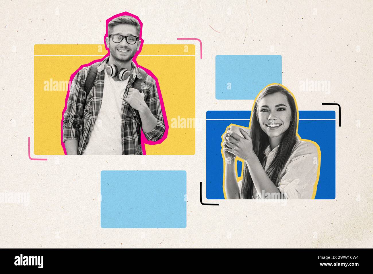 Creative collage picture young couple man girl dating match app website ...