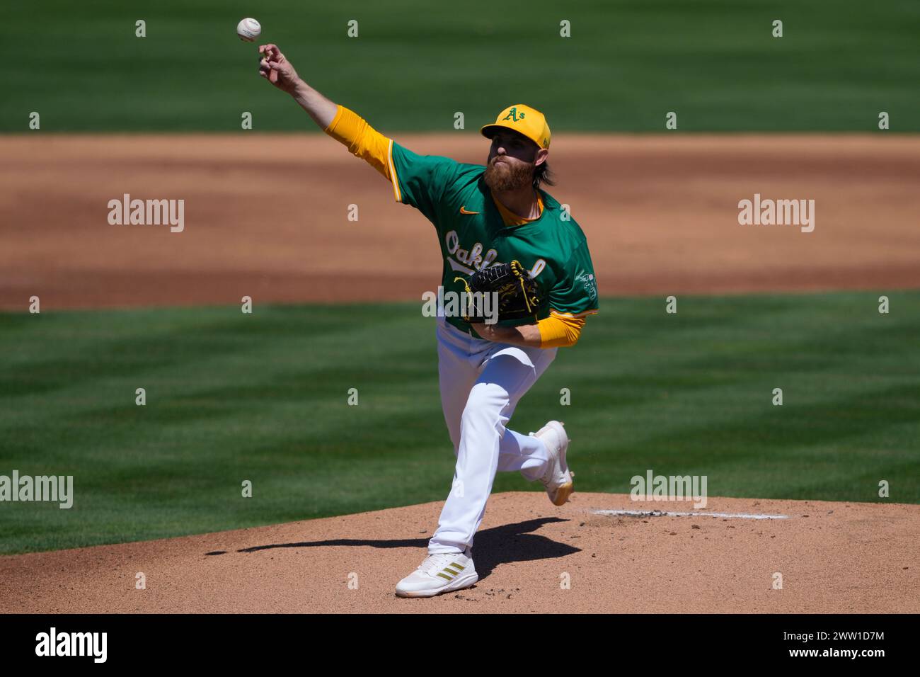 Oakland Athletics starting pitcher Paul Blackburn throws against the ...