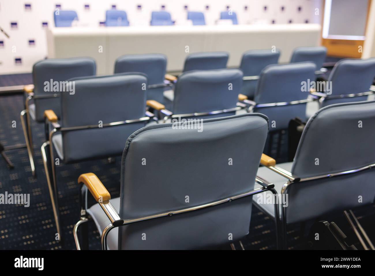 Empty modern conference hall, venue for congress lecture, line row of ...