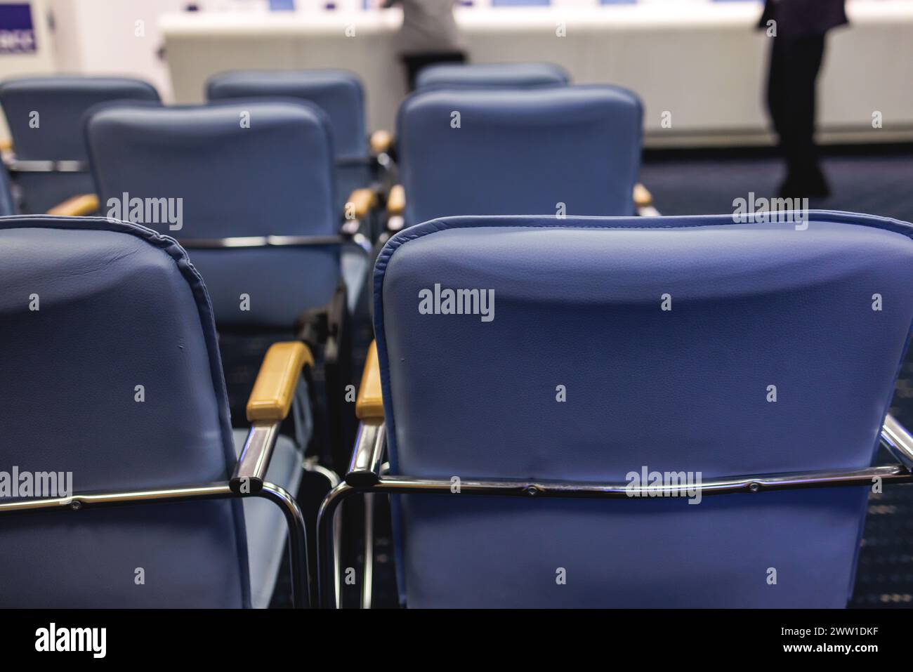 Empty modern conference hall, venue for congress lecture, line row of ...