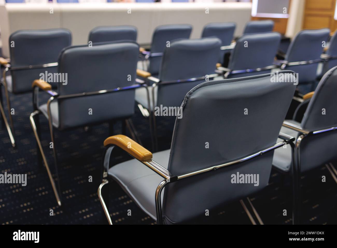 Empty modern conference hall, venue for congress lecture, line row of ...