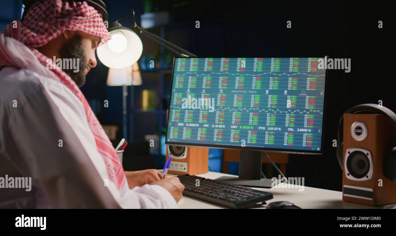 Muslim broker investor employee at office desk checking stock exchange ...