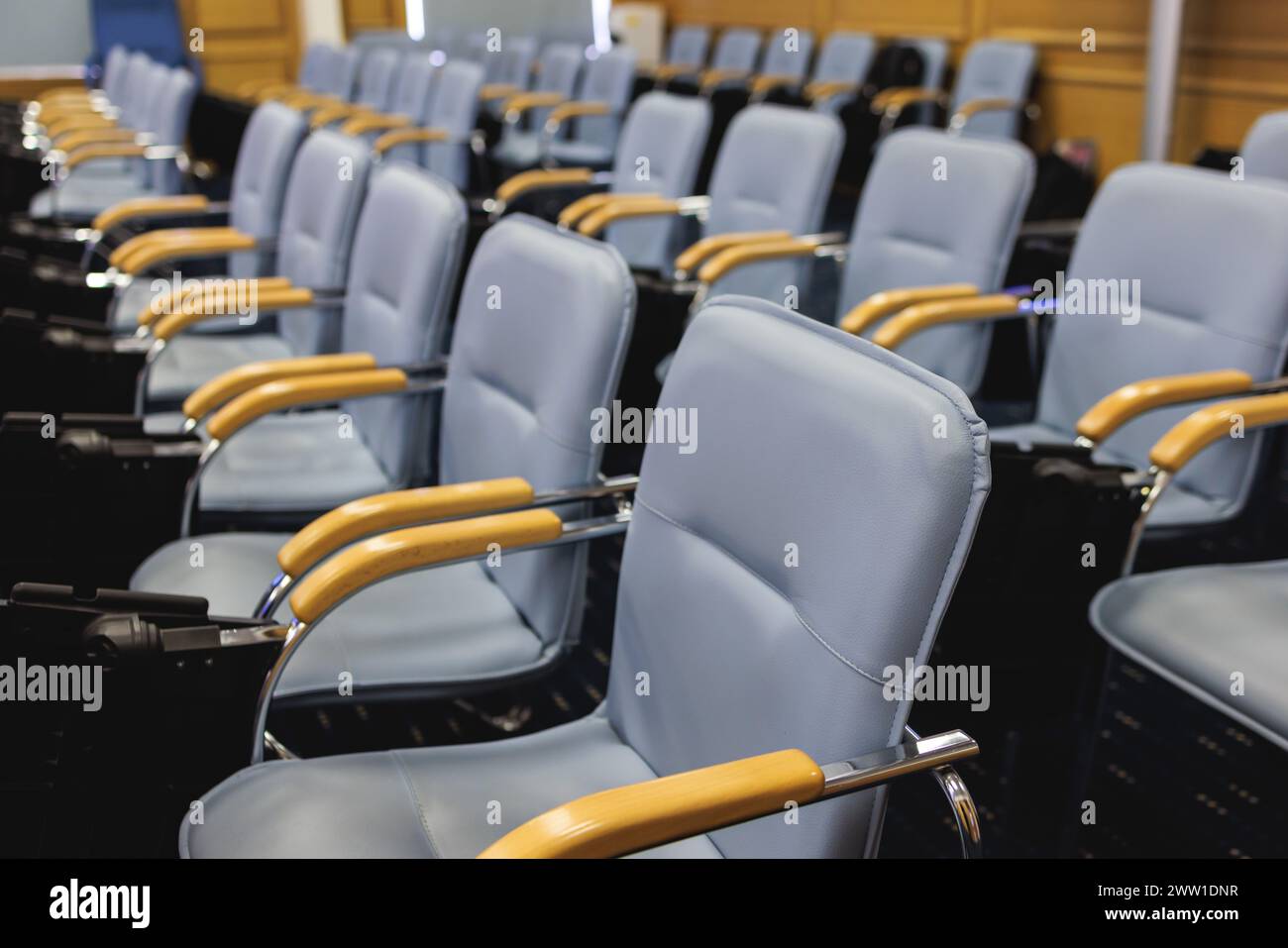Empty modern conference hall, venue for congress lecture, line row of ...