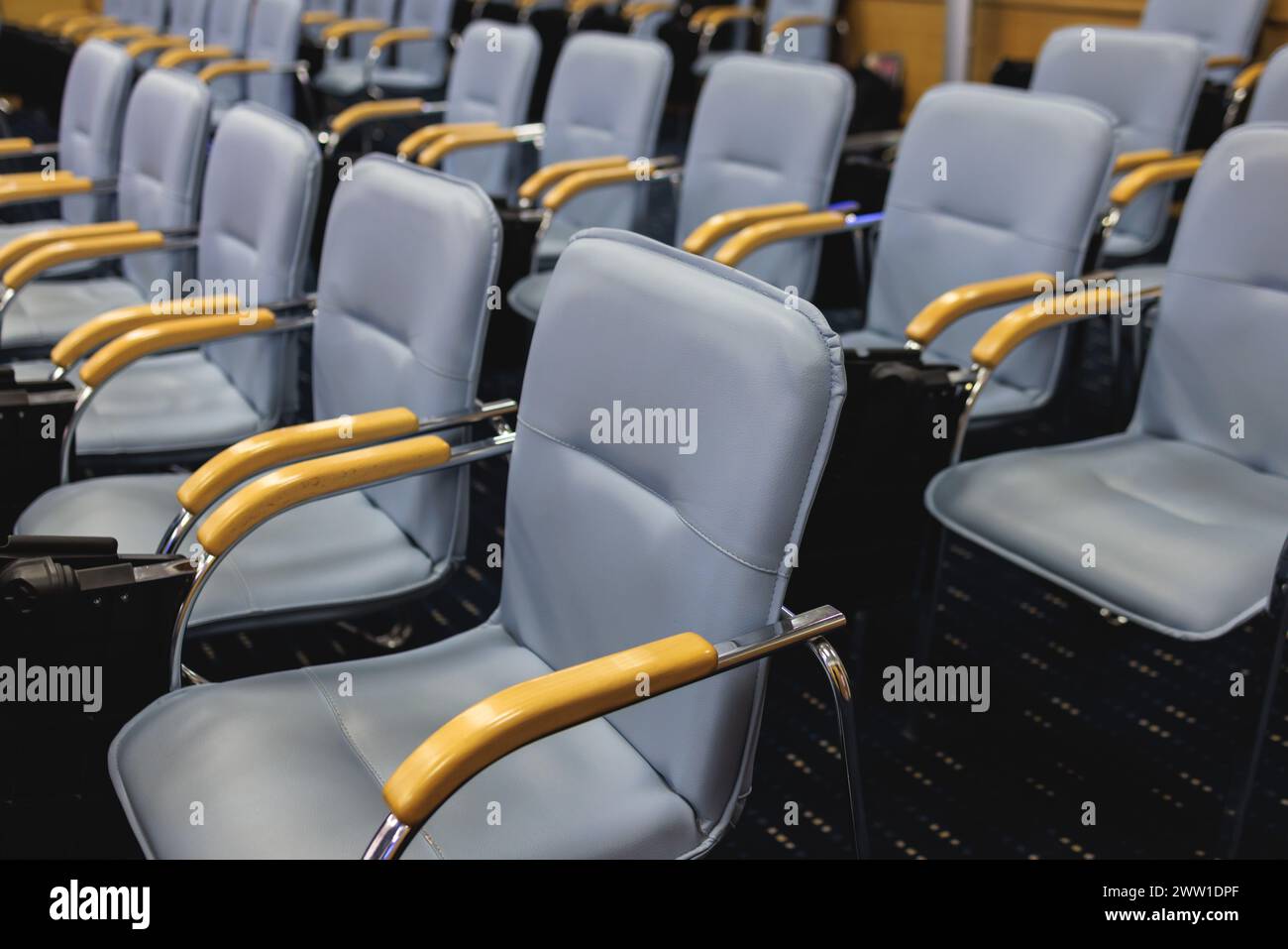 Empty modern conference hall, venue for congress lecture, line row of ...
