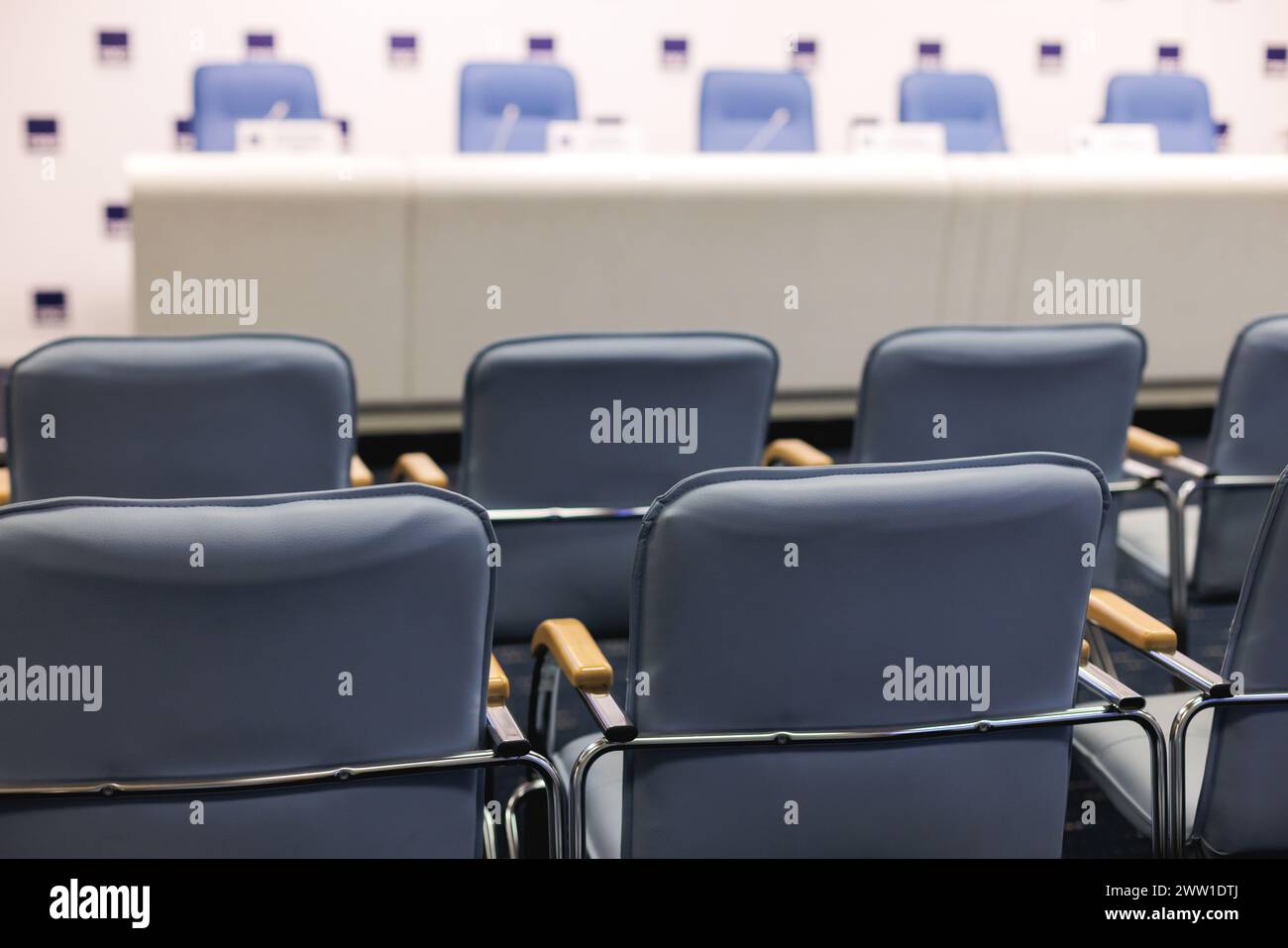 Empty modern conference hall, venue for congress lecture, line row of ...