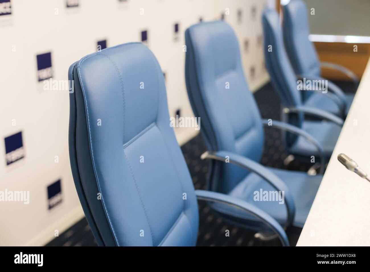 Empty modern conference hall, venue for congress lecture, line row of ...
