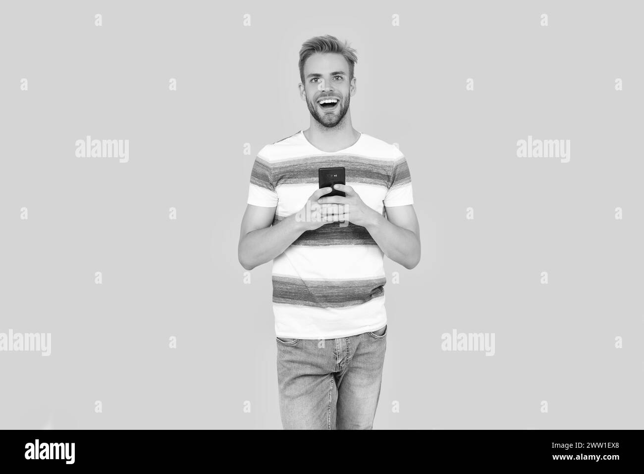 man chat on mobile cell phone or smartphone having communication ...