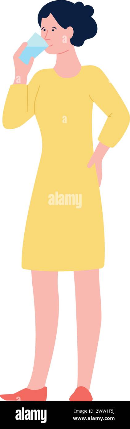 Thirsty woman character. Person drink clean water from glass Stock ...