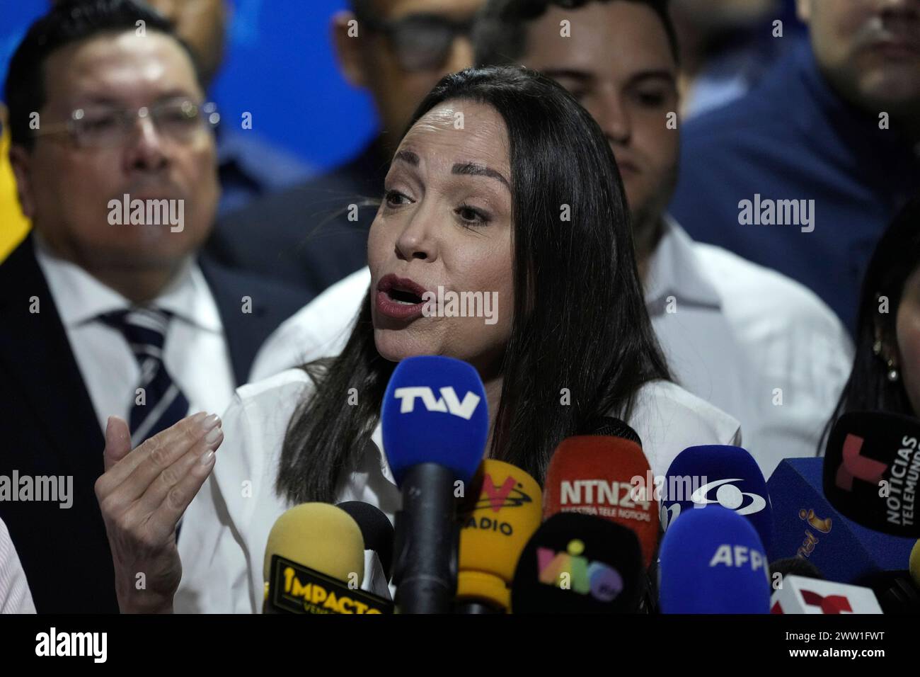 Opposition leader María Corina Machado speaks during a press conference ...