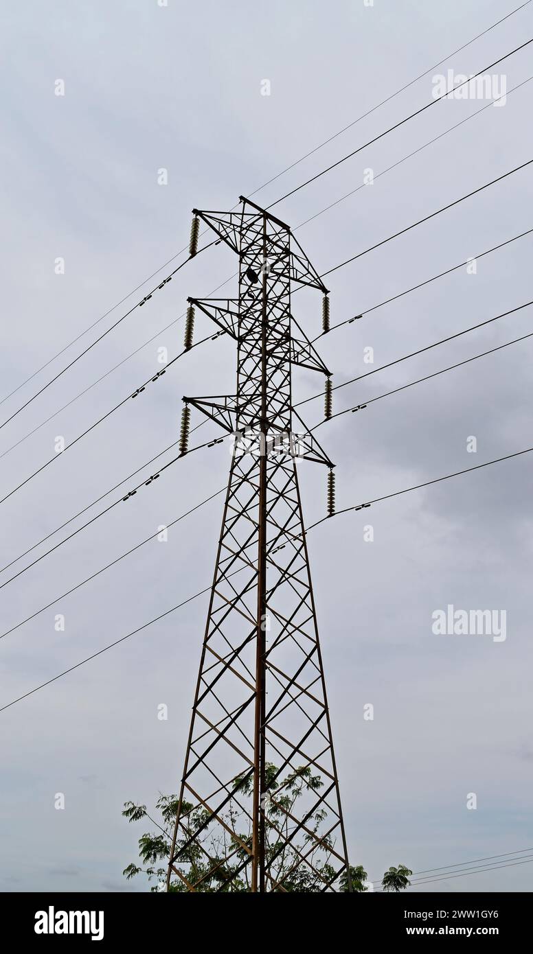 Metal tower with high voltage wires Stock Photo - Alamy