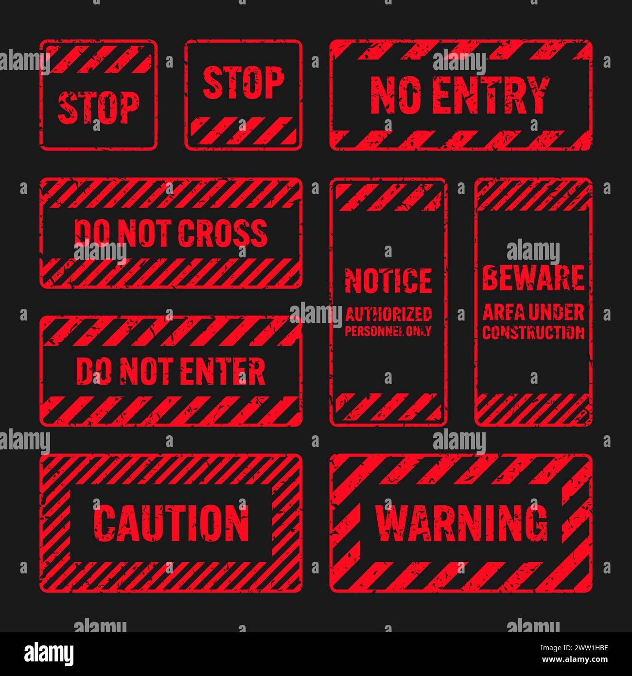 Various red grunge warning signs with diagonal lines. Old attention ...