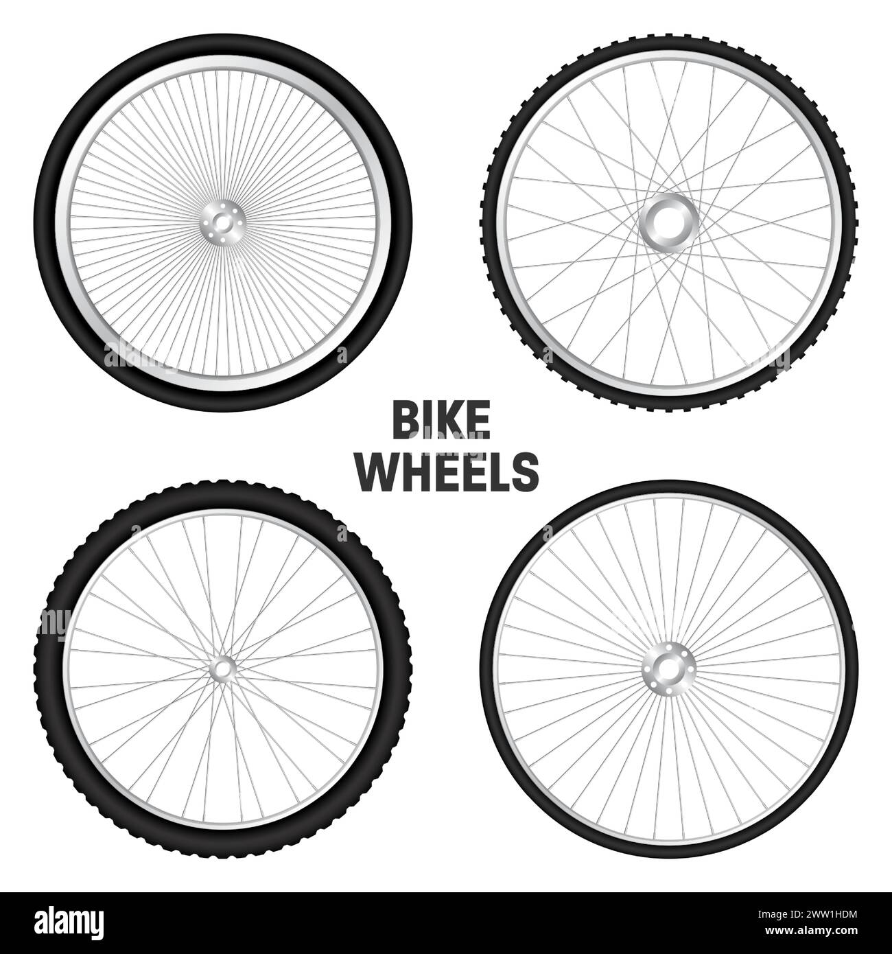 Realistic 3d bicycle wheels. Bike rubber tyres, shiny metal spokes and ...