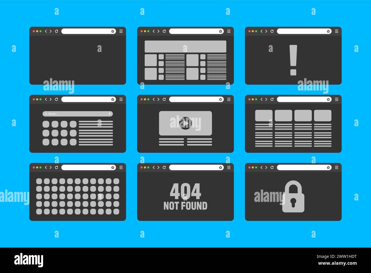Web browser window, pages layout with toolbar and search field. Modern website, internet page in ...