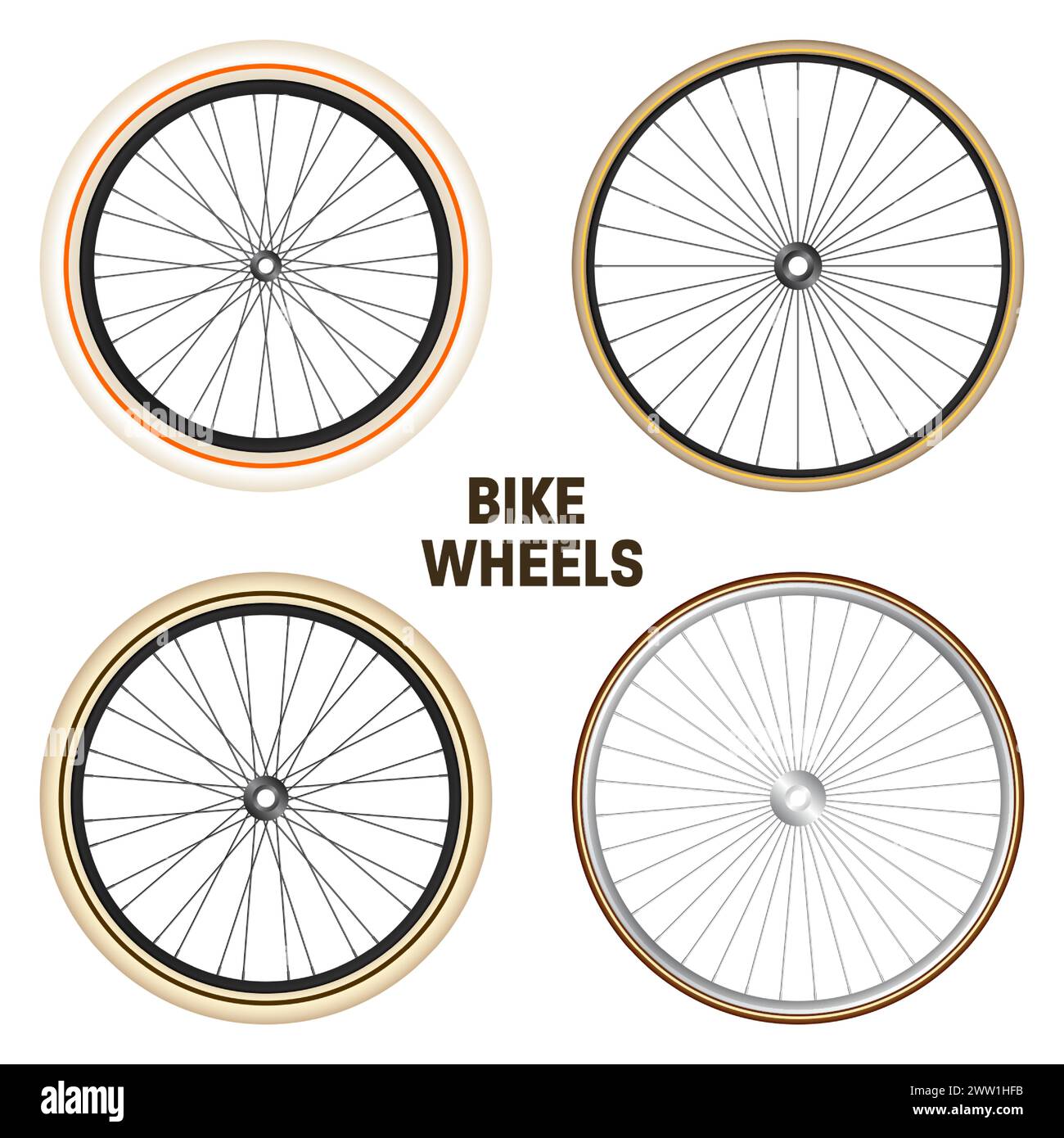 Realistic 3d retro bicycle wheels. Vintage bike rubber tyres, shiny ...