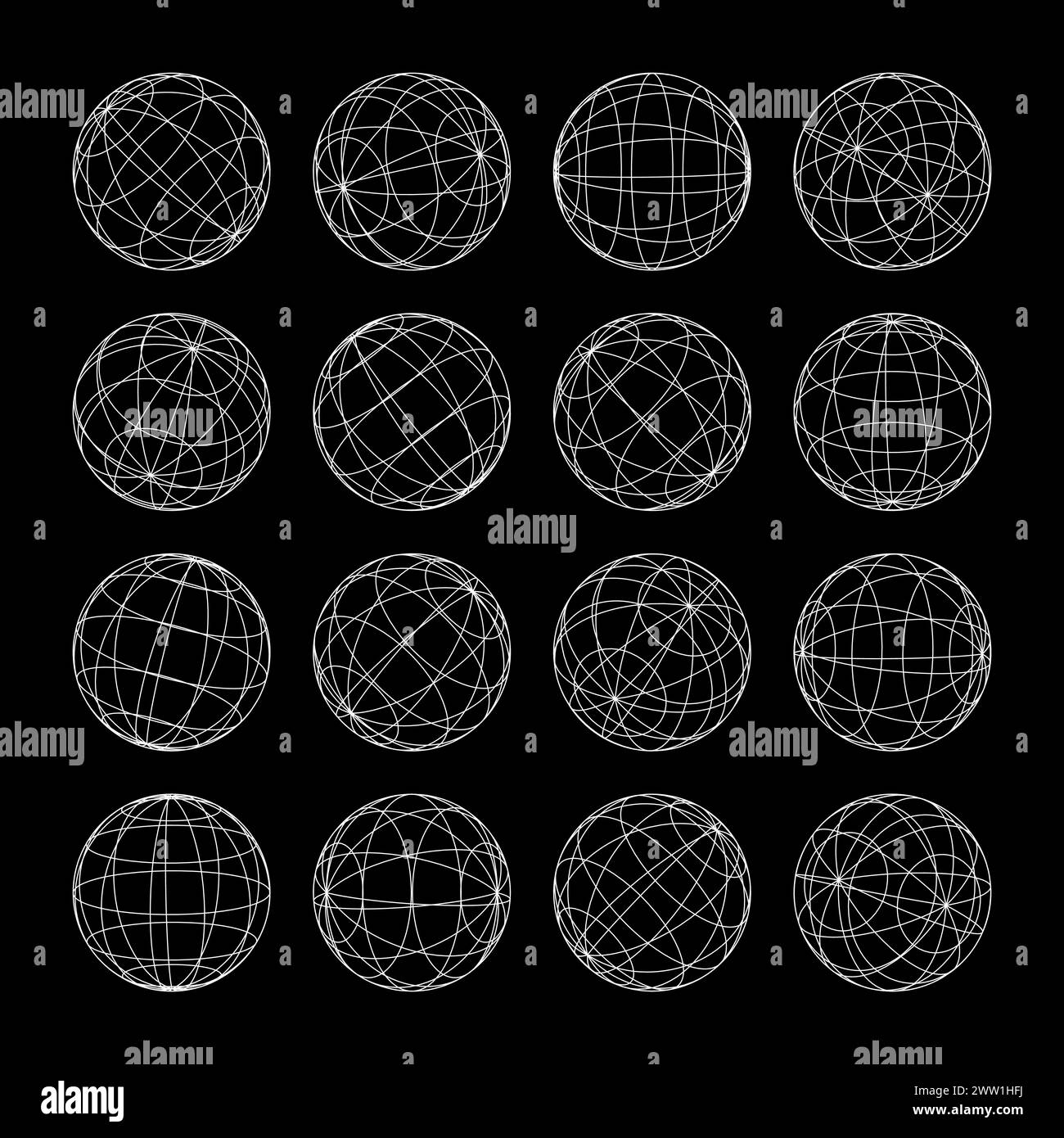Wireframe shapes, lined sphere. Perspective mesh, 3d grid. Low poly ...