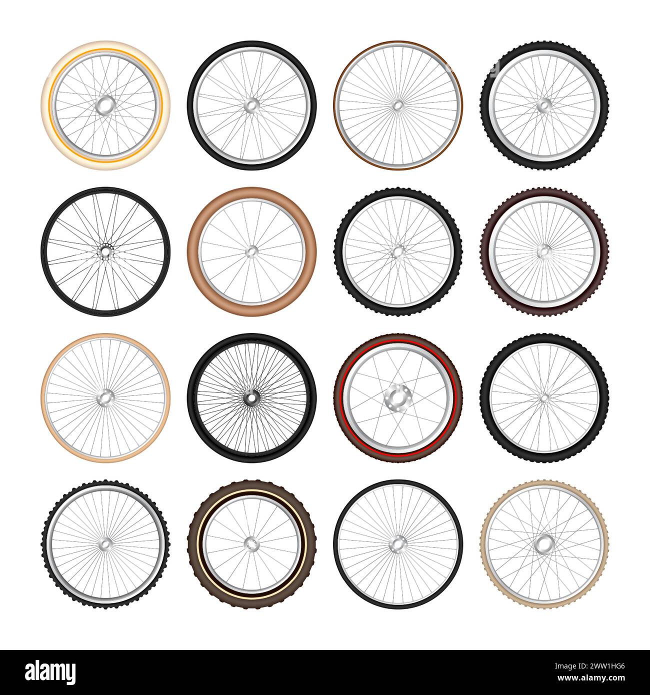Realistic 3d retro bicycle wheels. Vintage bike rubber tyres, shiny ...
