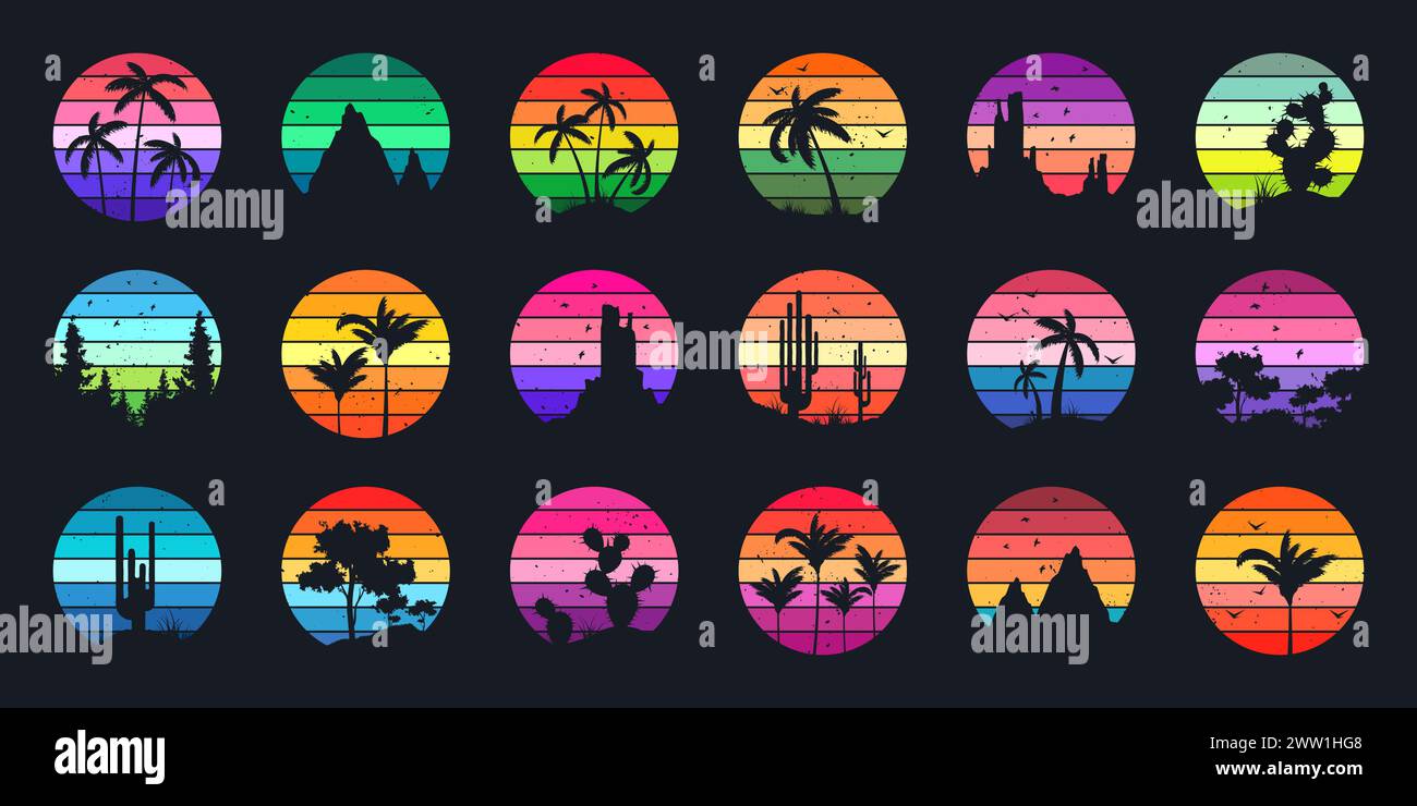 Grunge vintage sunset collection. Colorful striped sunrise badges in ...