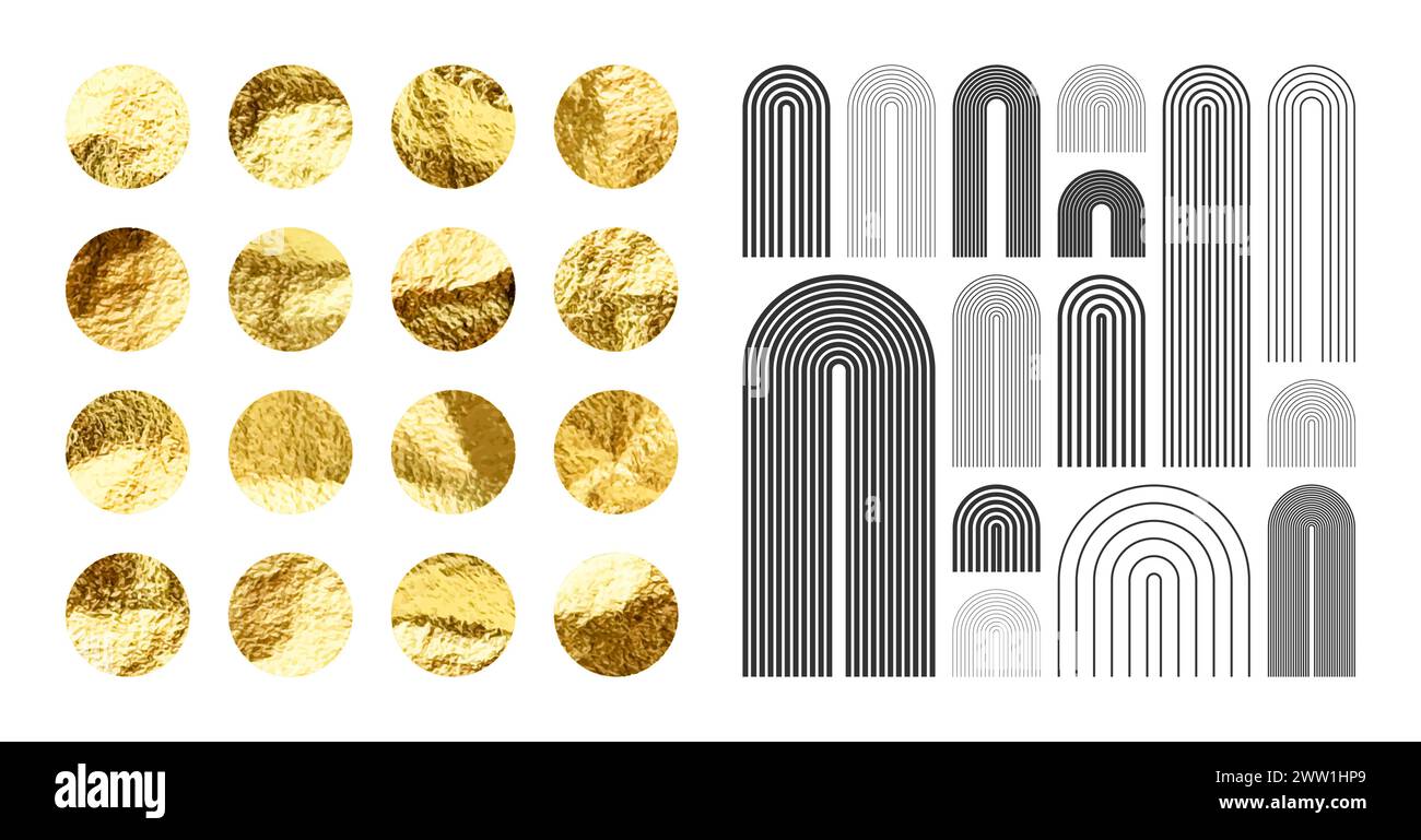 Mid century arch elements, modern geometric shapes. Gold foil, shiny ...