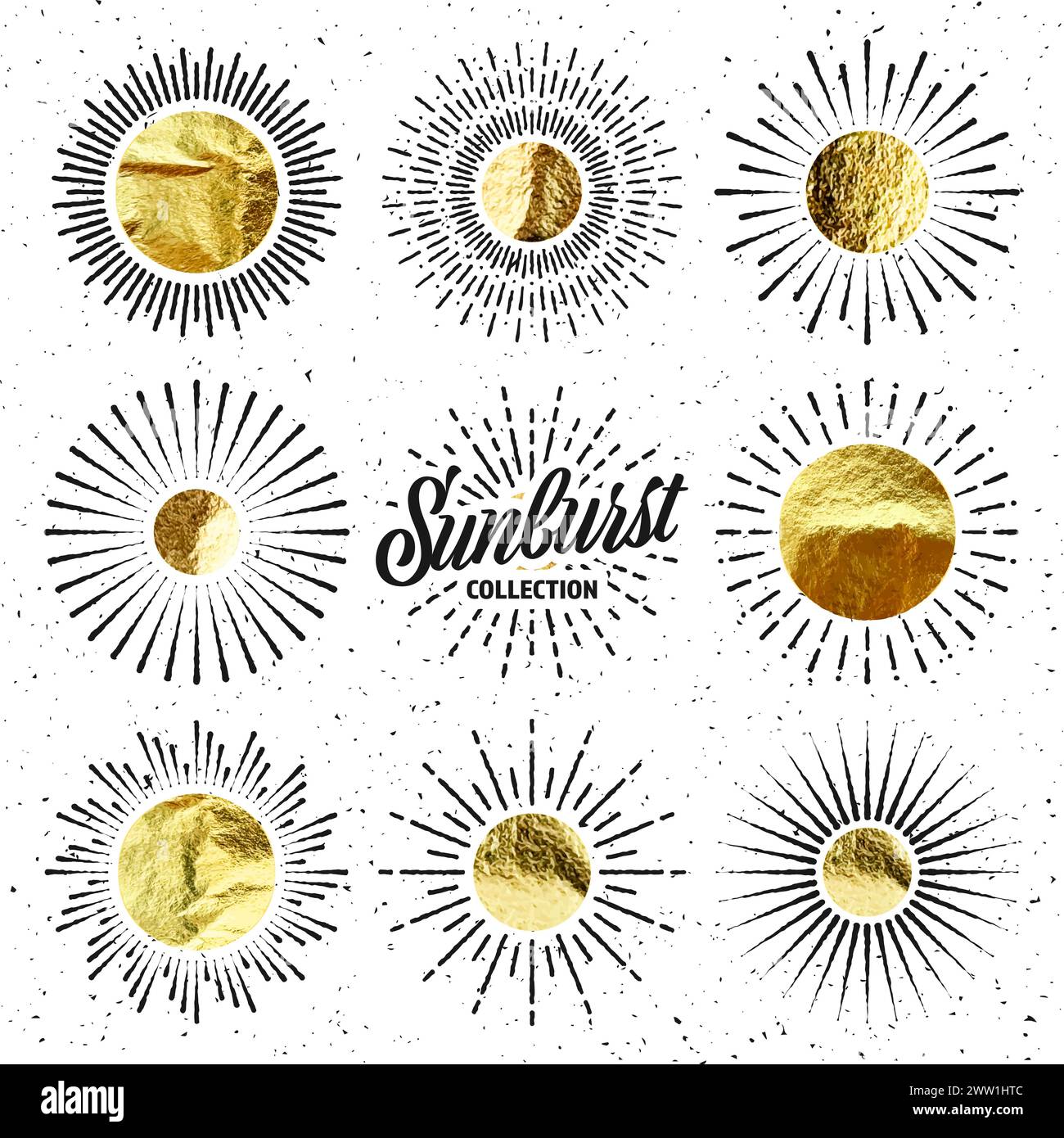 Vintage grunge sunburst sunset beams. Gold foil, shiny handmade circles ...