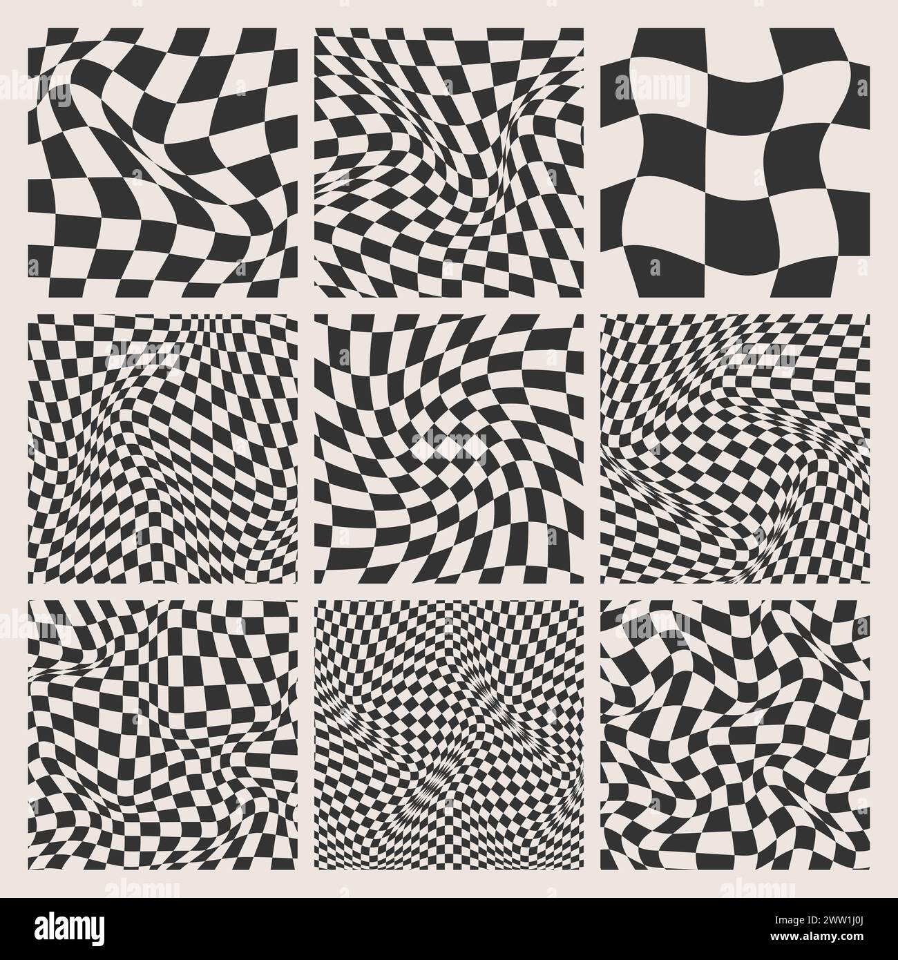 Trendy checkered pattern, black and white distorted tiled grid. Wavy ...