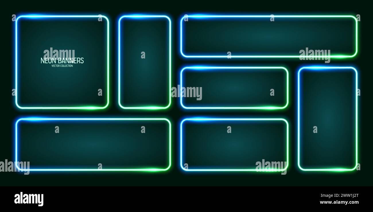 Glowing neon banners, illuminated colorful square frames. Shiny vibrant ...