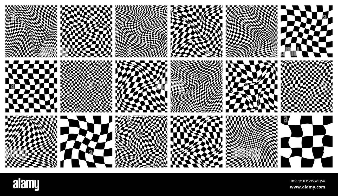 Trendy checkered pattern, black and white distorted tiled grid. Wavy ...