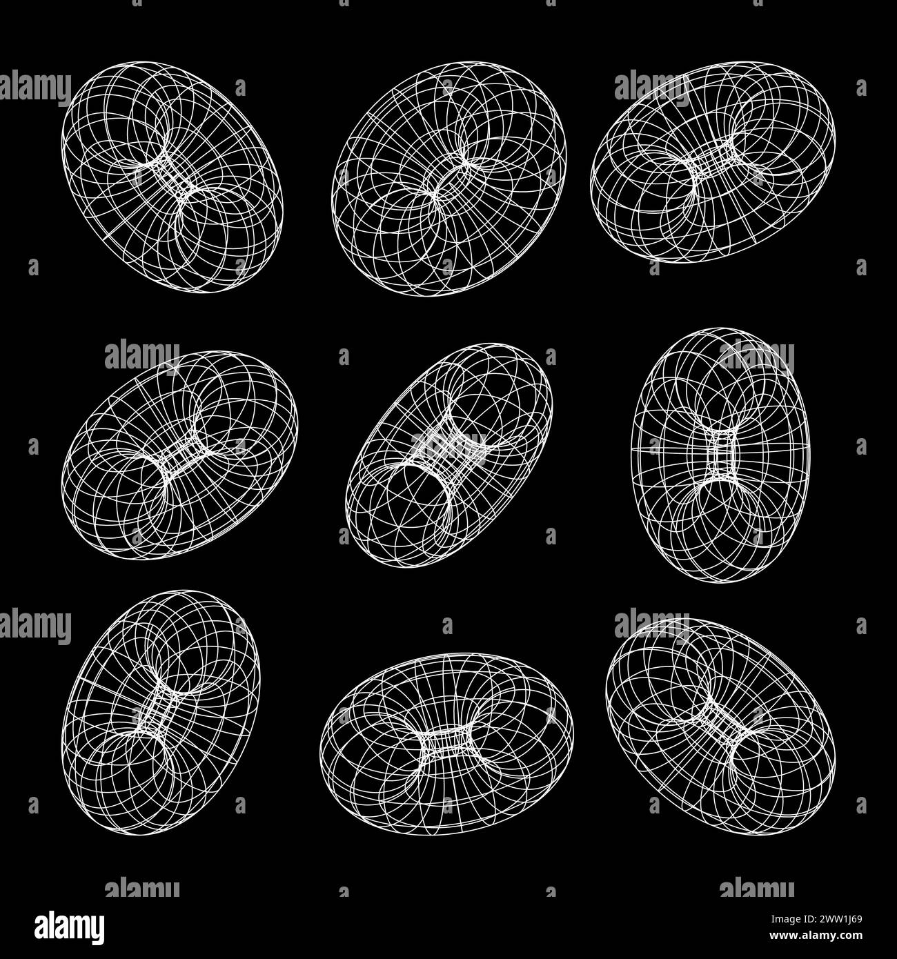 Wireframe shapes, lined torus. Perspective mesh, 3d grid. Low poly ...