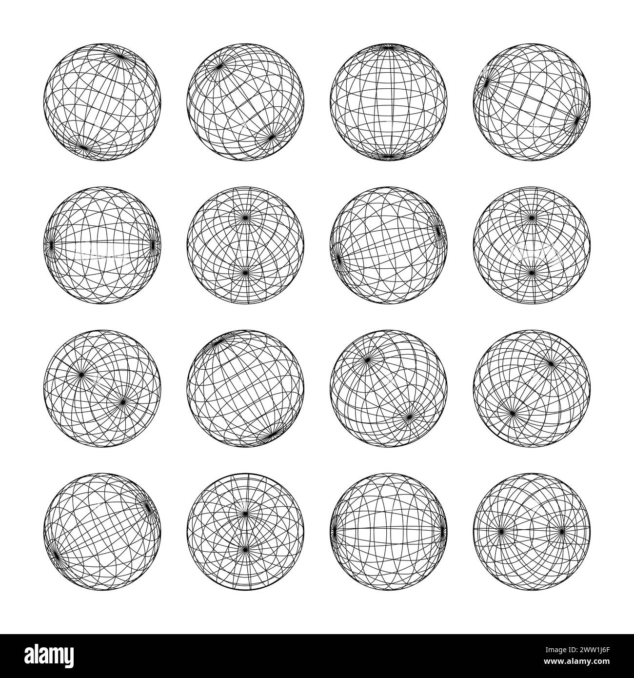 Wireframe shapes, lined sphere. Perspective mesh, 3d grid. Low poly ...