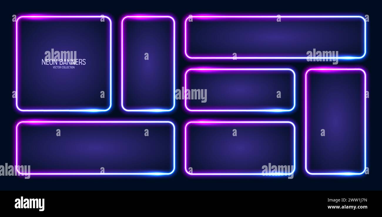 Glowing neon banners, illuminated colorful square frames. Shiny vibrant ...