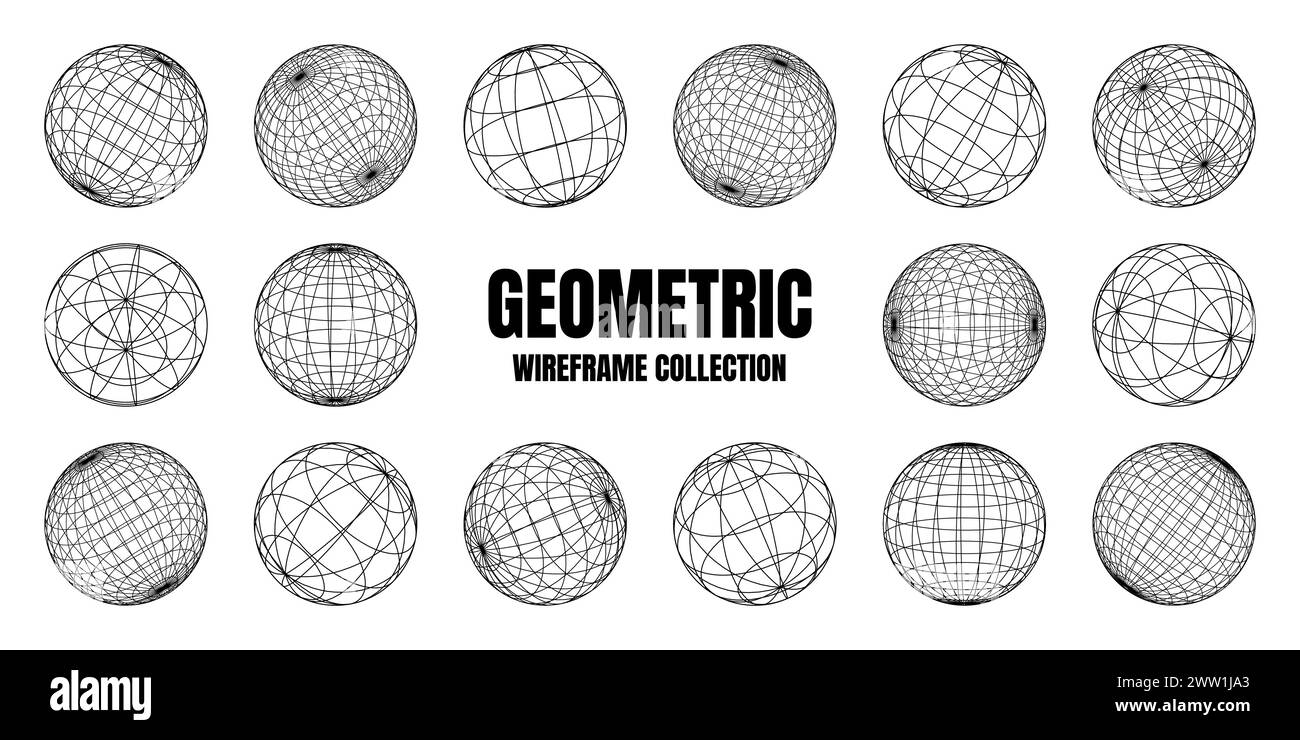 Wireframe shapes, lined sphere. Perspective mesh, 3d grid. Low poly ...