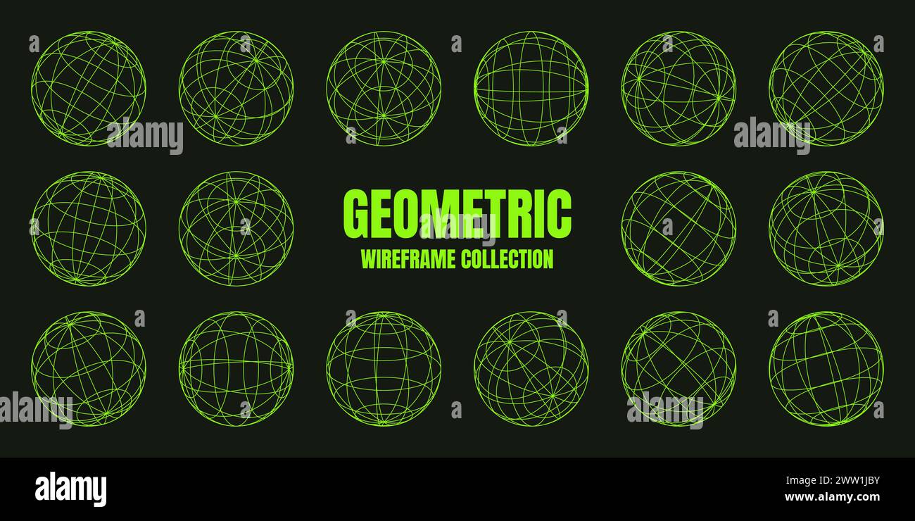 Wireframe shapes, lined sphere. Perspective mesh, 3d grid. Low poly ...