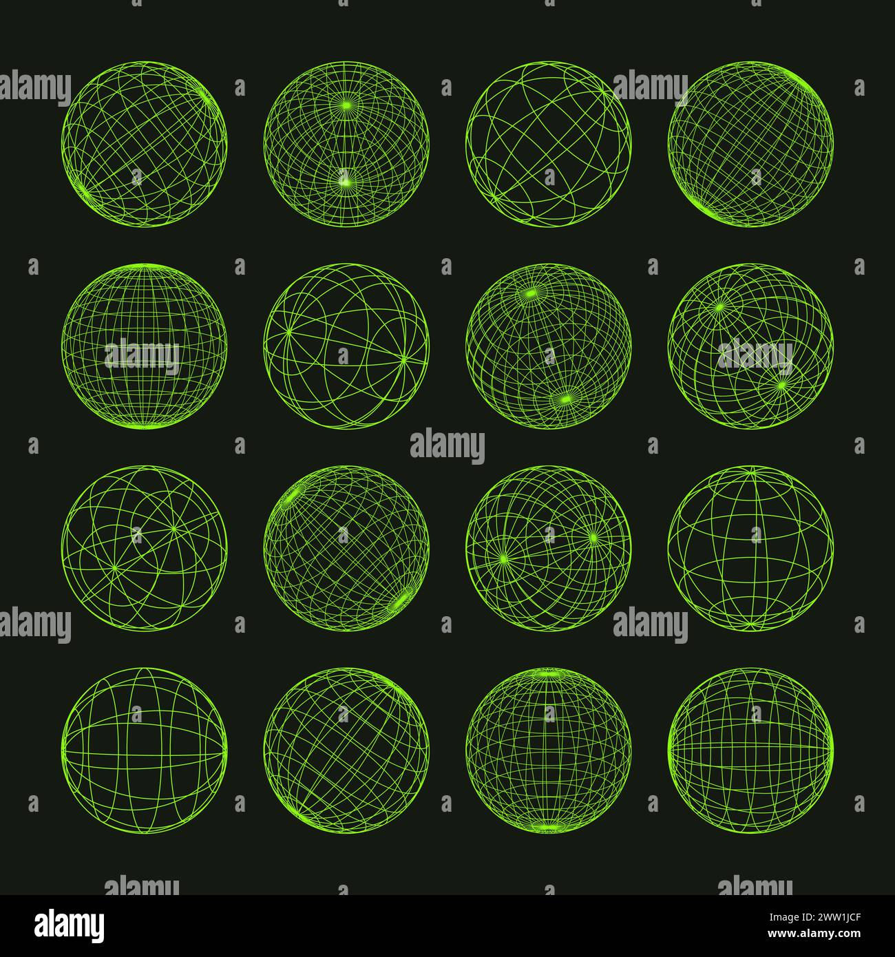Wireframe shapes, lined sphere. Perspective mesh, 3d grid. Low poly ...