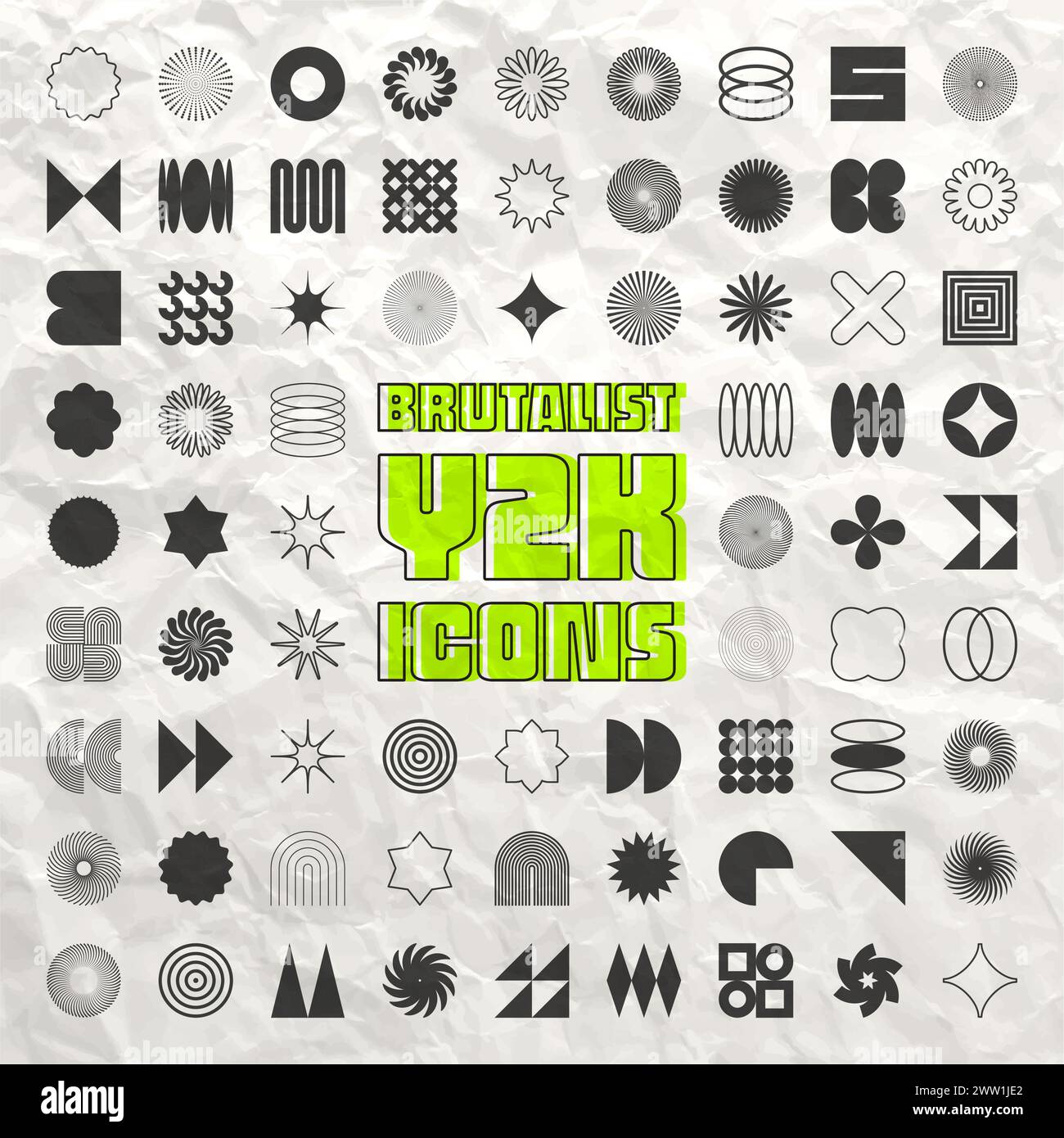 Brutalist geometric shapes, symbols. Simple primitive elements and forms, crumpled paper texture ...