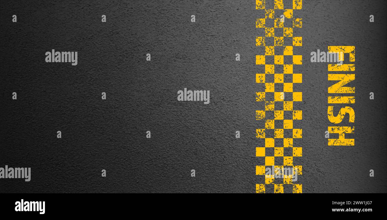 Asphalt road with yellow finish line marking, concrete highway surface ...