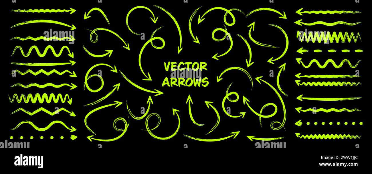 Grunge hand drawn arrows, highlighter lines. Marker stroke, brush pen ...